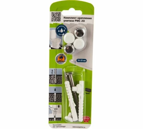 Комплект крепления унитаза европартнер белый+хром PWC20, 8x65, нерж А2, 2 шт. 87656