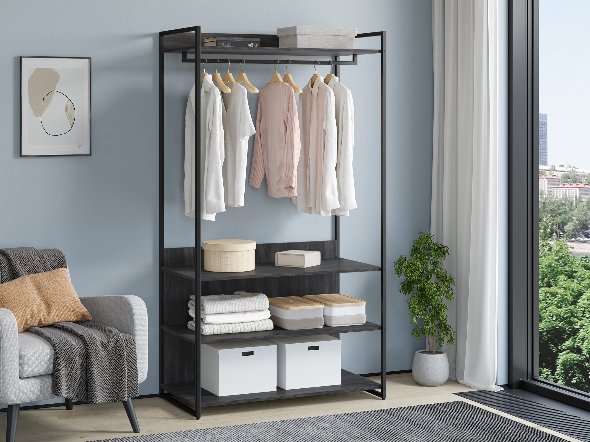 Стеллаж Urban Лофт 02 Черное/Северное дерево темное с вешалкой