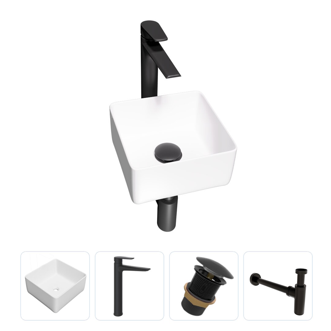 Раковина накладная для ванной Teymi Helmi Mini 24 в комплекте смеситель высокий черный матовый донный клапан клик-клак без перелива черный и сифон черный F13157