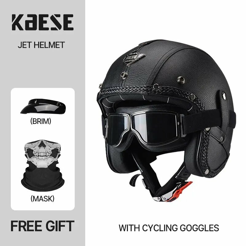 Винтажный кожаный шлем, мотоциклетный шлем с открытым лицом, в старинном стиле, черного XXL, Black B