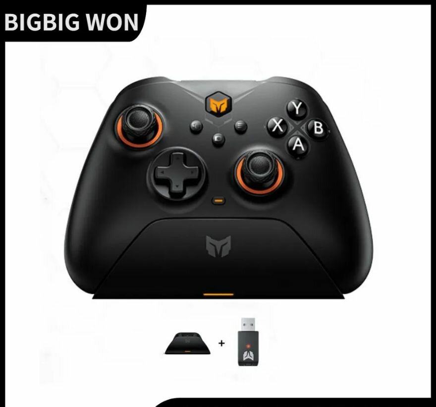 Черный Bluetooth-геймпад BIGBIG WON GALE включает в себя основание, приемник, сумку для джойстика и крышку джойстика