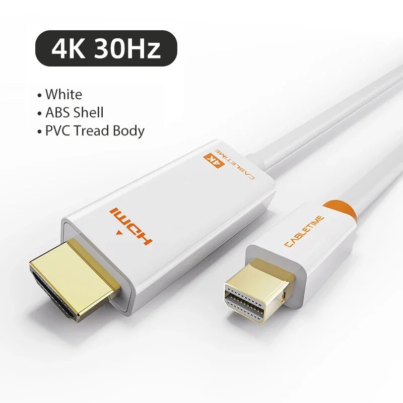 CABLETIME Кабель Mini DisplayPort к HDMI White 4K 30hz, 1.8m