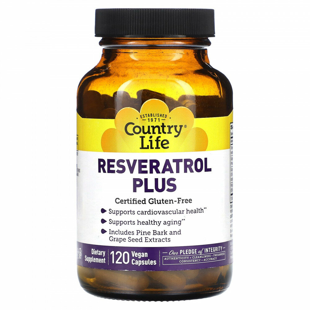 Country Life, Resveratrol Plus, ресвератрол, 120 веганских капсул