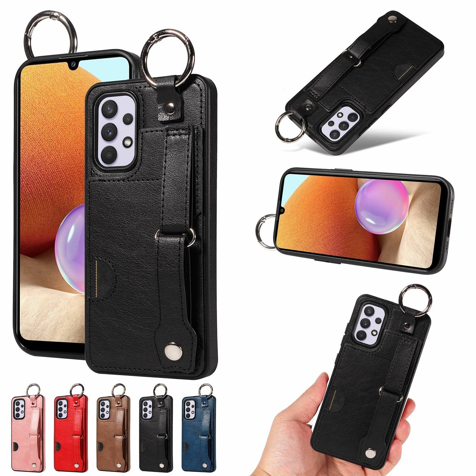 YIKATU Кожаный чехол для Samsung Galaxy A32 4G (A325)/ Самсунг Галакси А32 (А325) с регулируемым ремешком на запястье/кольцевой пряжкой/ Держатель карты