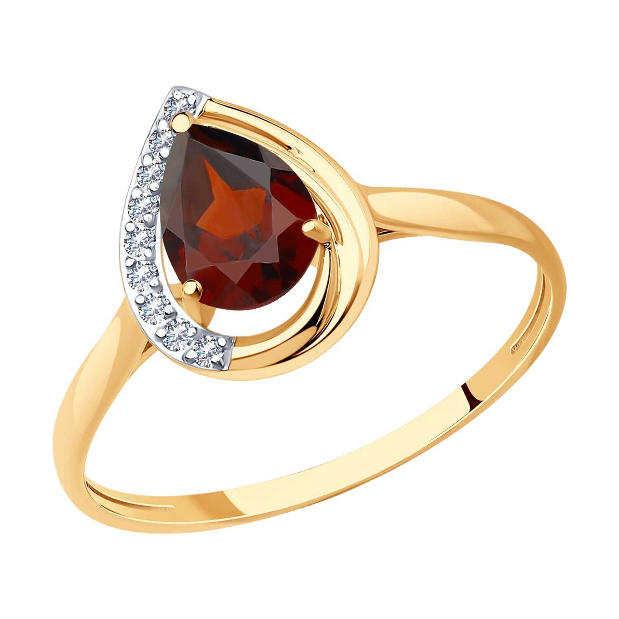 Кольцо, красное золото, 585 проба, гранат, фианит