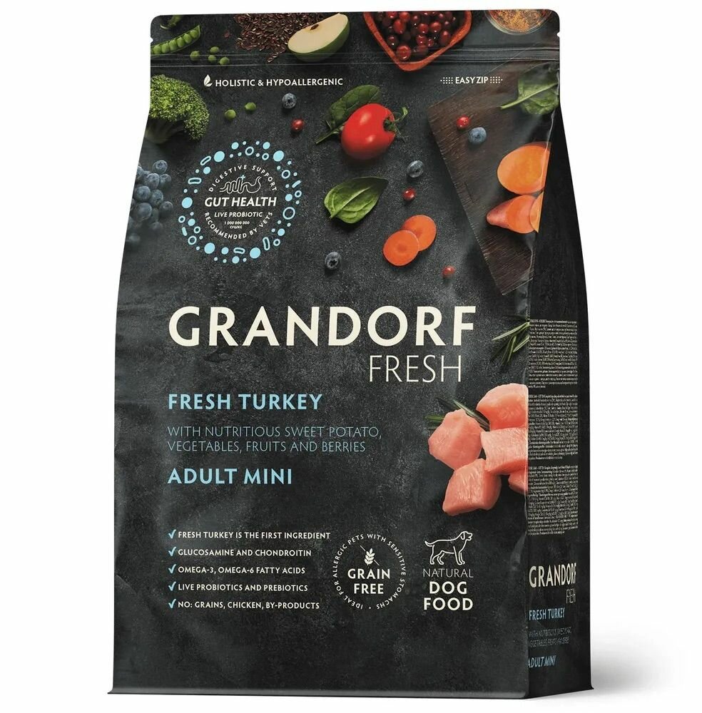 GRANDORF FRESH ADULT MINI Сухой корм для взрослых собак мелких пород, свежее мясо индейки с бататом, 3 кг