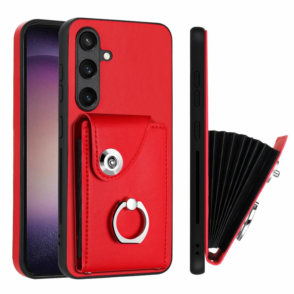 Кожаный чехол для Samsung Galaxy S25 Plus / S25+ (Самсунг s25 plus, Самсунг галакси с25 плюс, с25+) с кнопкой, бумажником, визитницей и коротким ремешком