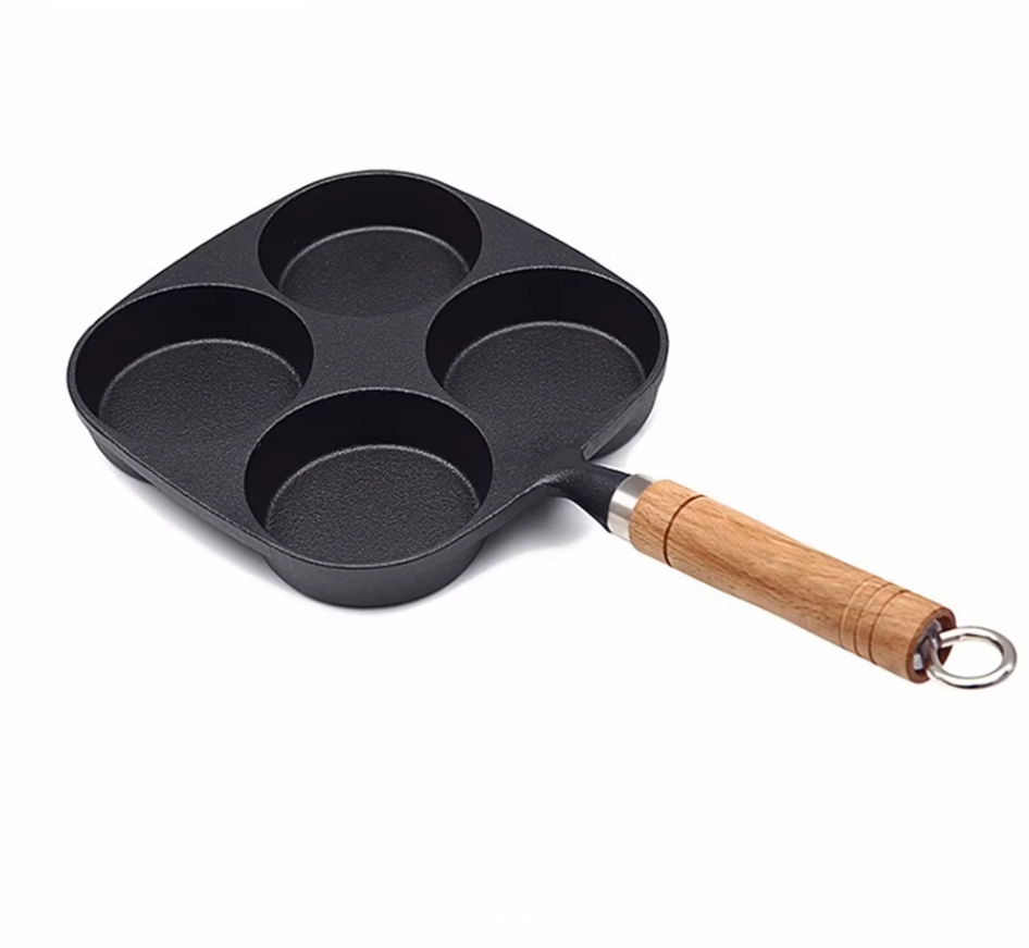 Сковорода чугунная, четырехсекционная, черный, с деревянной ручкой для завтраков/оладий, котлет, яичницы