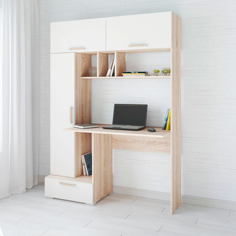Стол компьютерный с полками для хранения, Квартет-11 (1850*1316*600 мм) Дуб Сонома/Белый