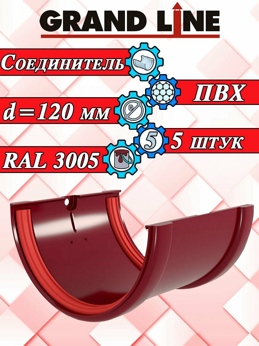 Соединитель желоба 5 штук Grand Line ПВХ красный RAL 3005 (d 120 мм) для водосточной системы Гранд Лайн (120/90), комплект элементов водостока для крыши