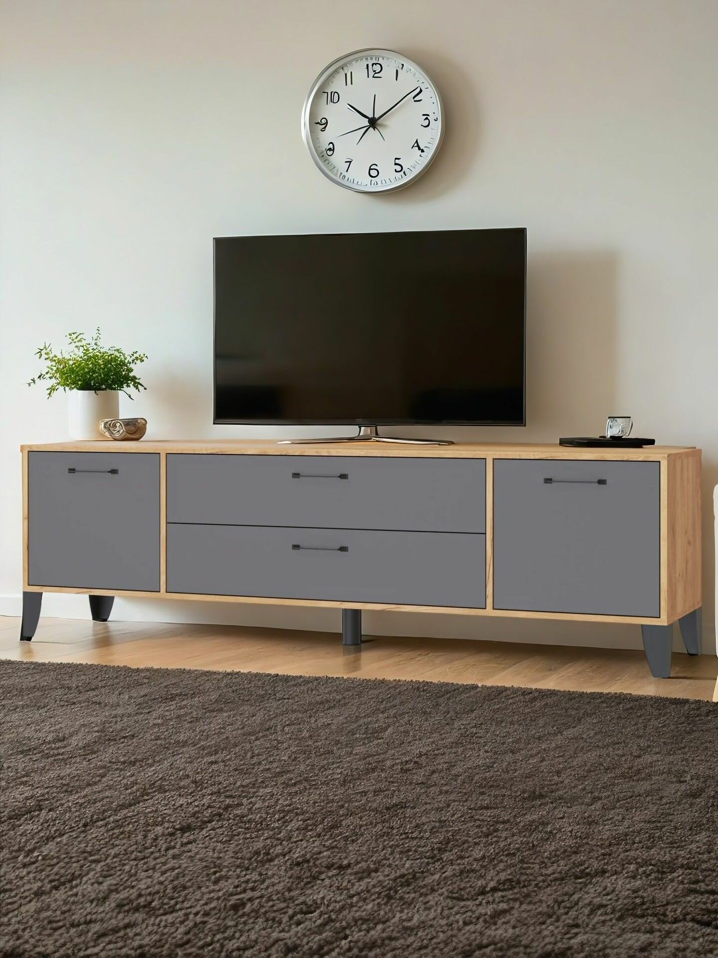 Тумба ТВ Парус-13 дуб крафт золотой/графит серый, выдвижные ящики