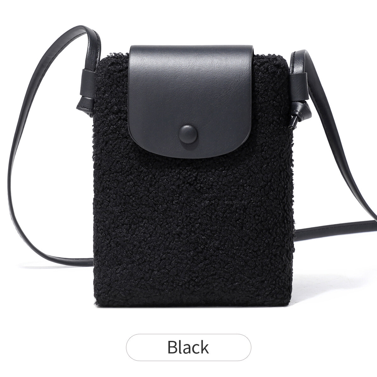 Мини-сумка "Овечья шерсть", для телефона, плюшевая, черная