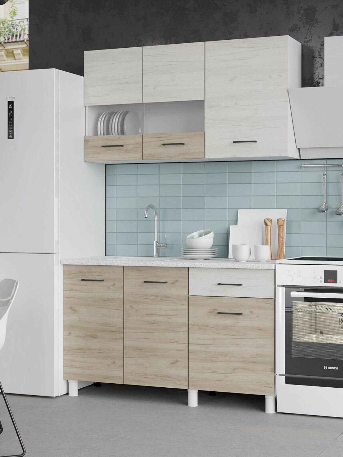 Кухонный гарнитур Горизонт Trend, 130 см, Крафт серый/Крафт белый