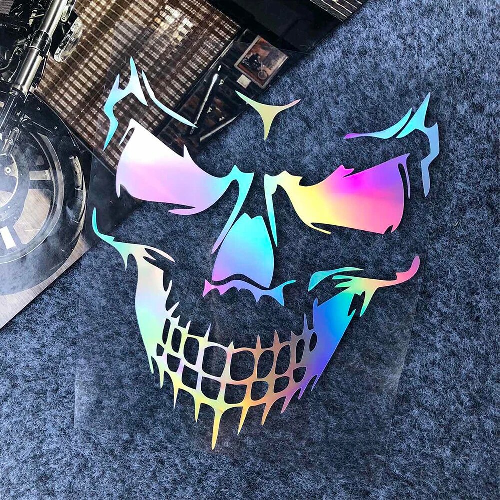 Светоотражающие/лазерные радужные автомобильные наклейки с черепом, Черный, Laser 17cm x 15cm