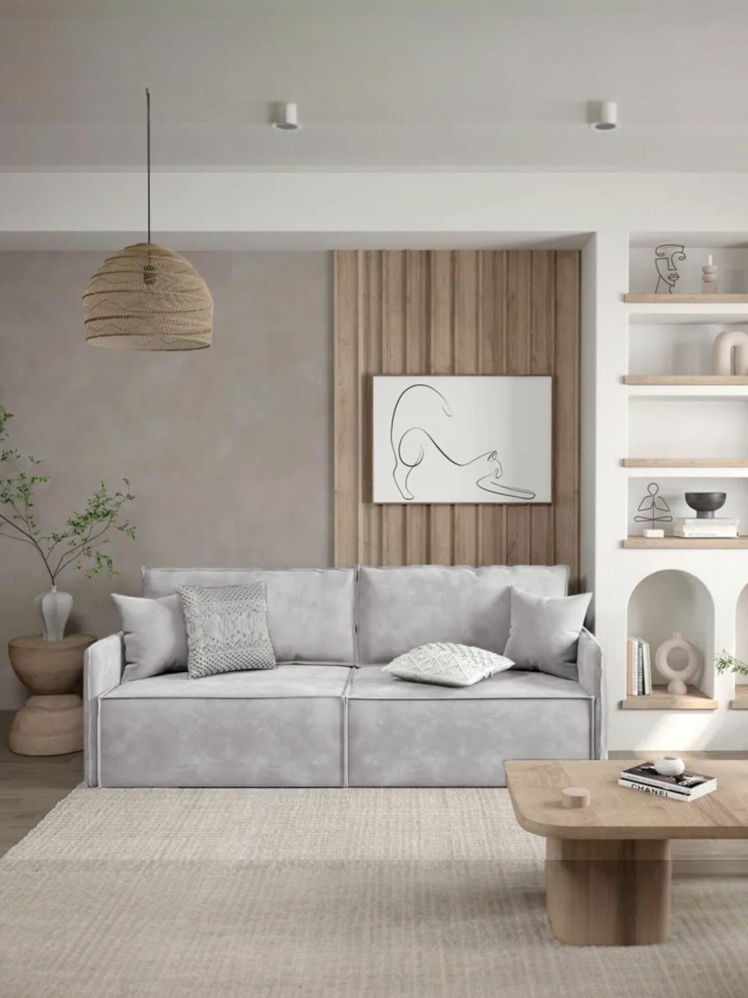 Прямой диван Manons Maison Hygge Slim, раскладной механизм Еврокнижка, Велюр светло-серый, 218х100х86 см