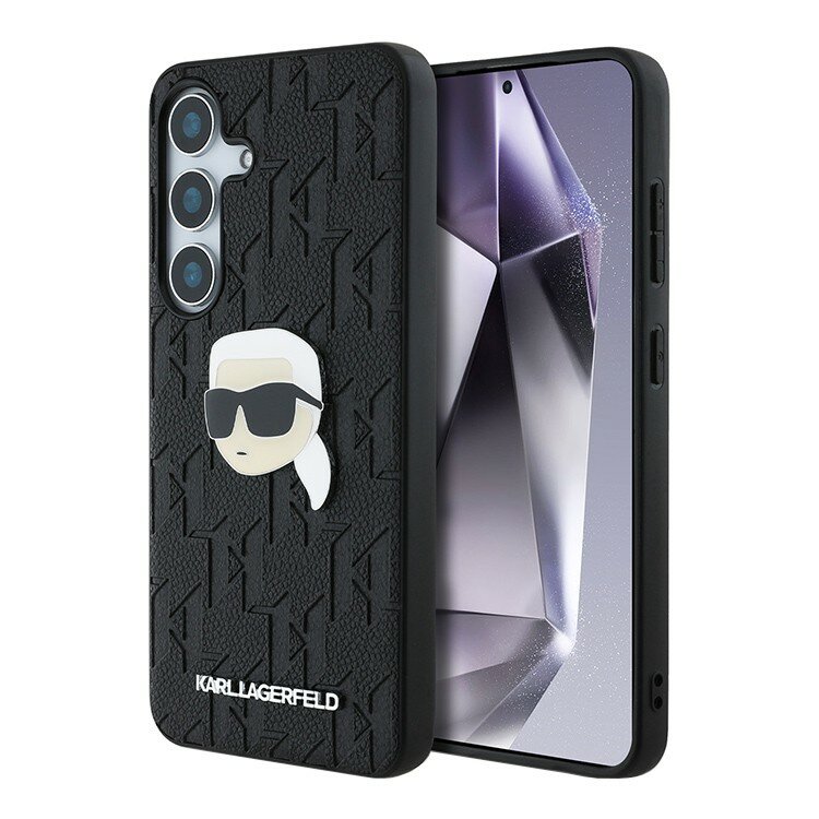Karl Lagerfeld чехол для Galaxy S25, зернистая кожа, Monogram NFT Karl metal Head, черный