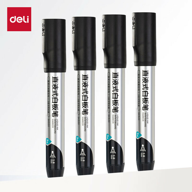 Deli Large Capacity Erasable Whiteboard Markers with Thick Tip, for Office, Teaching, Meetings, Student Stationery, Triple Writing Ink Capacity, 4 Pcs/box, SK520-4 Black