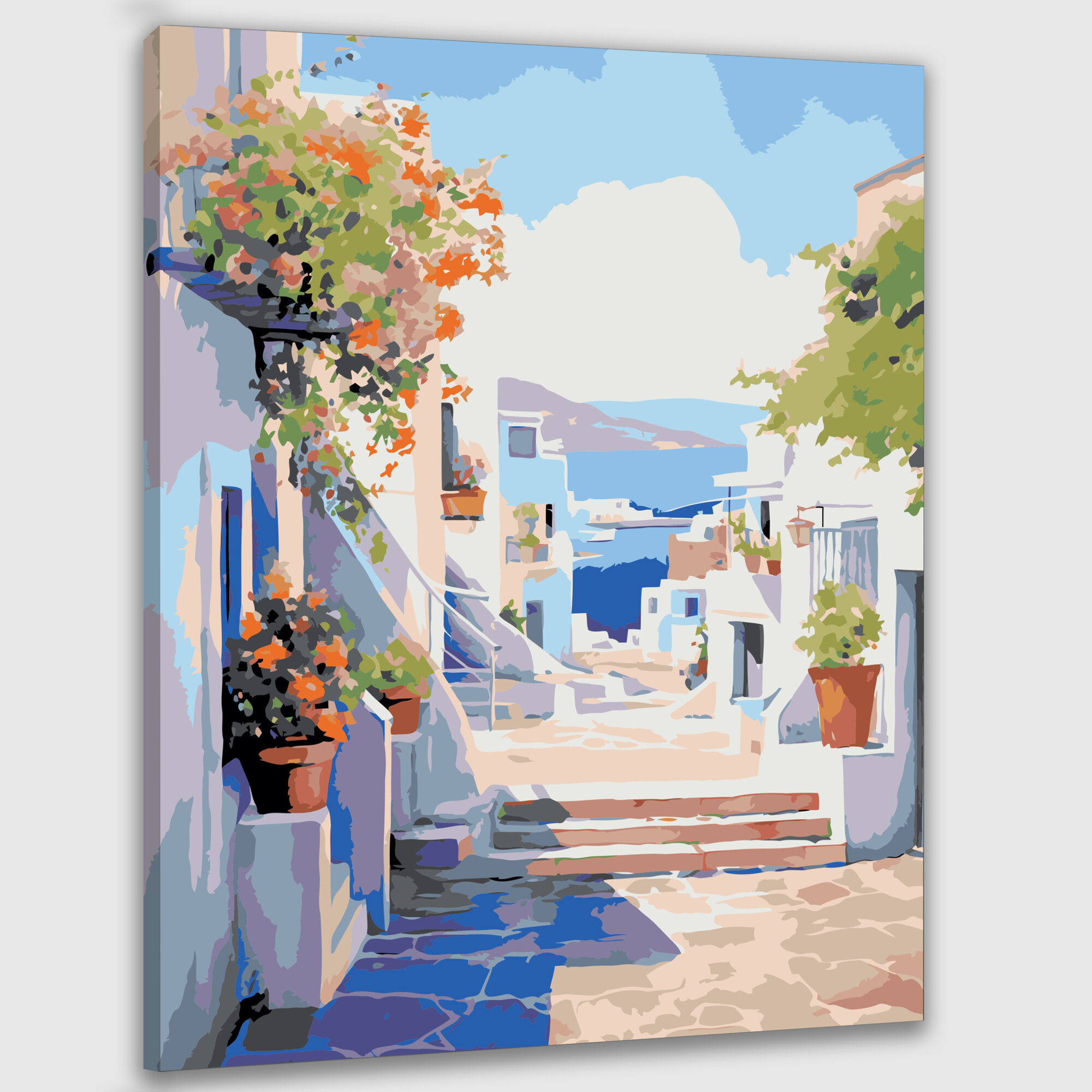Картина по номерам 40x50 см, акварельная картина, средиземноморская деревня, Греция, белые дома, солнце, море, небо