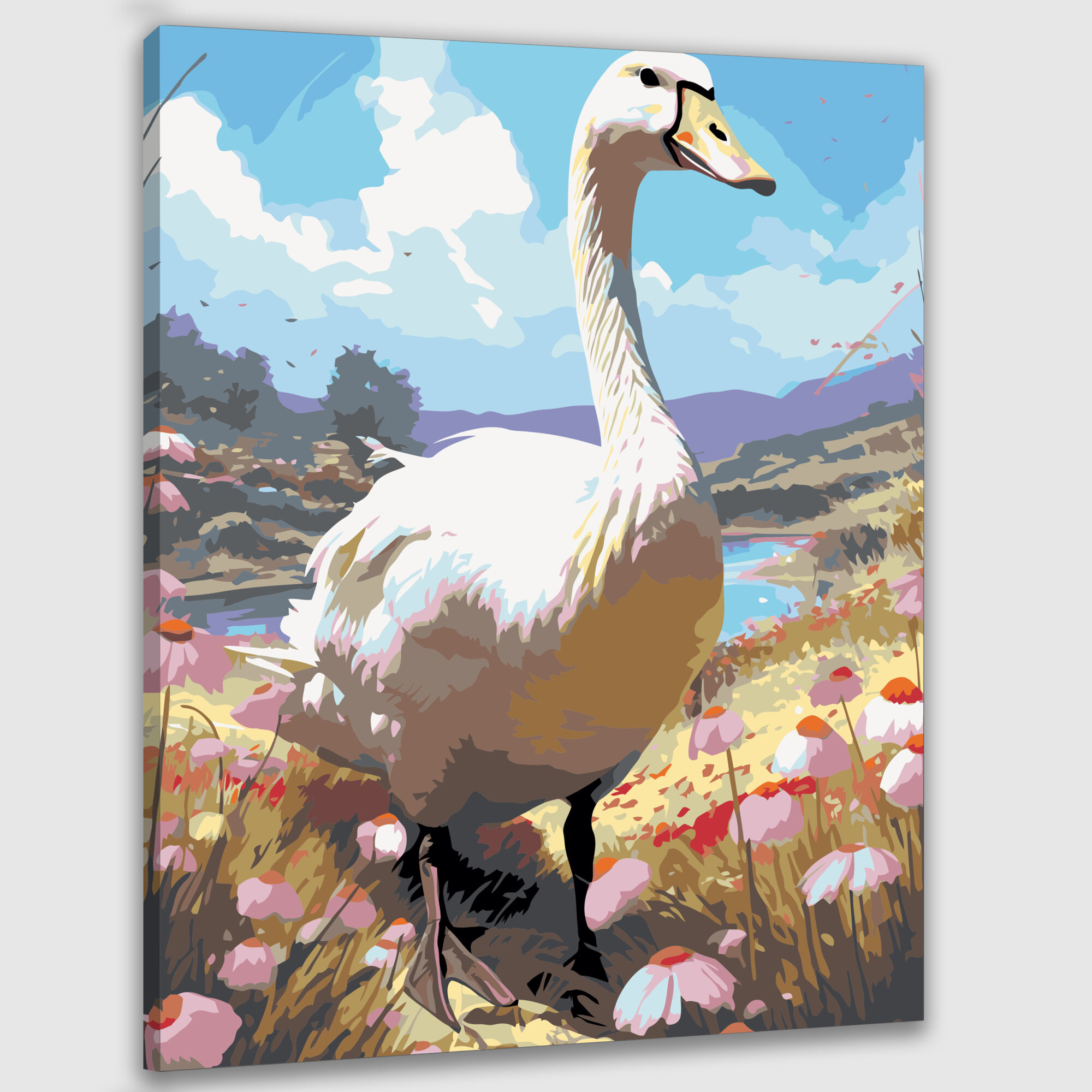 Картина по номерам 40x50 см, гусь, поле цветущих цветов, цифровая картина, грация, яркость, ароматы природы