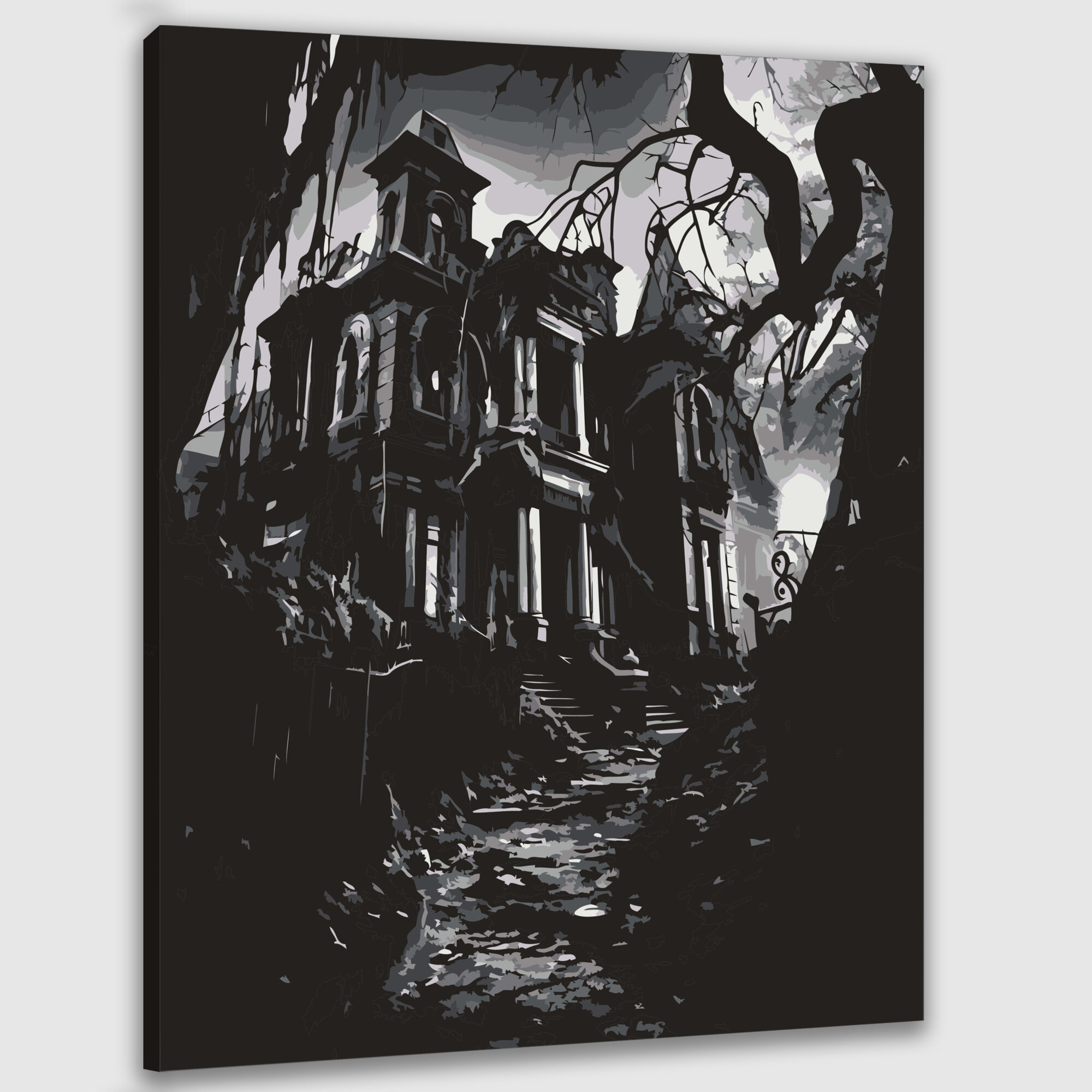 Картина по номерам 40x50 см, черно-белая фотография, особняк, привидения, разрушающийся фасад, мерцающий фонарь
