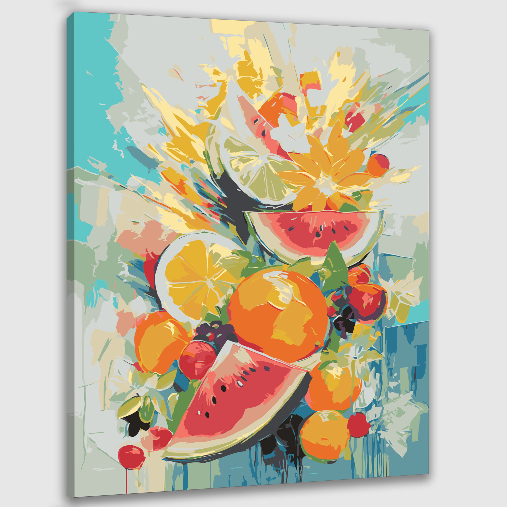 Картина по номерам 40x50 см, фруктовый салат, арбуз, апельсины, ягоды, абстракция, яркие цвета, динамическая палитра