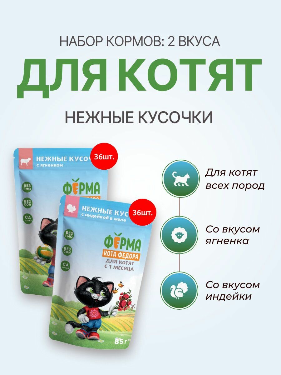 Набор влажного корма Ферма кота Фёдора: 3060 г (36 упаковок по 85 г) + 3060 г (36 упаковок по 85 г). Ягнёнок + Индейка. Для котят нежные кусочки в желе