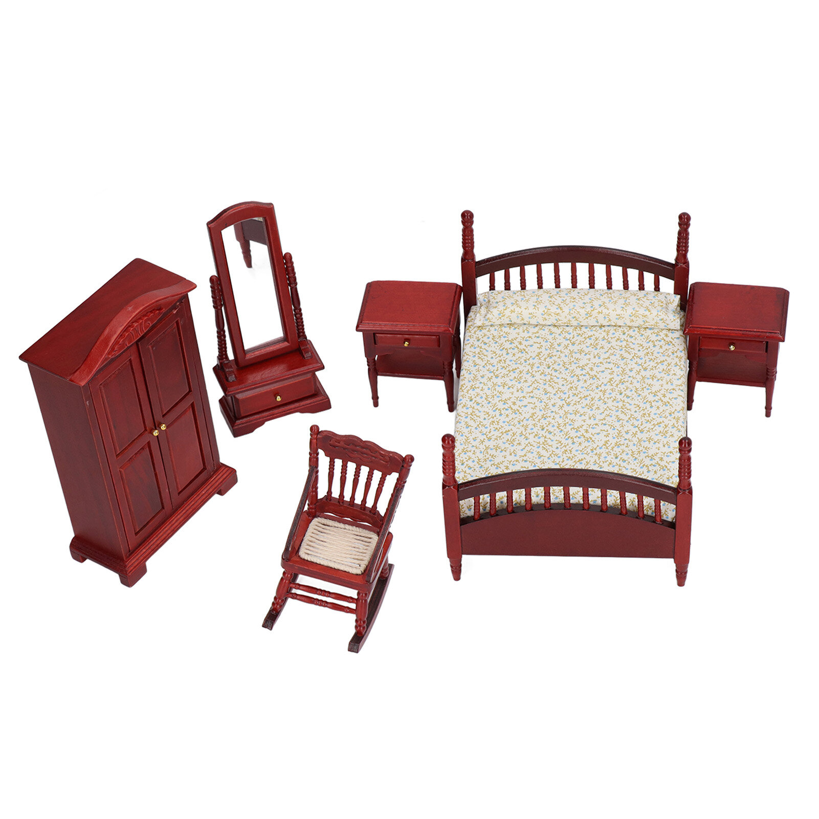 6Pcs Wooden Miniature Furniture Set Vintage Realistic Exquisite DIY Bedroom for 1:12 Doll House