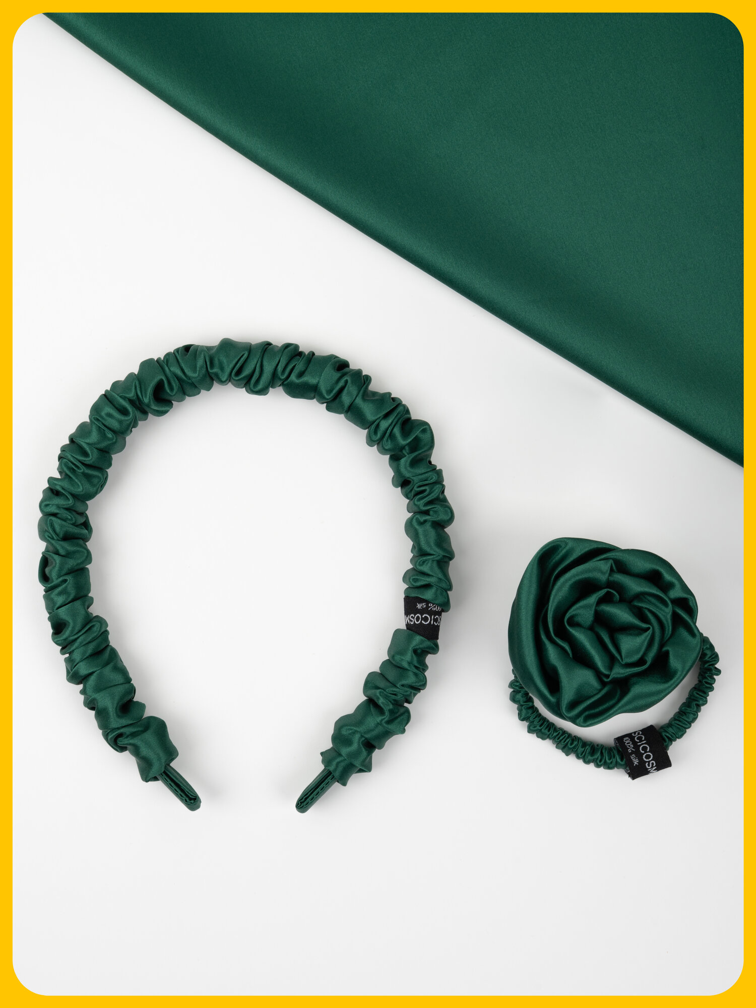 100% натуральный шелк 22 момми/Набор: ободок и резинка для волос с цветком/изумрудный цвет