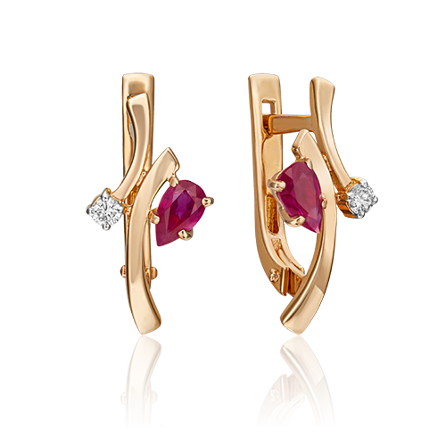 Серьги, красное золото, 585 проба, рубин, бриллиант