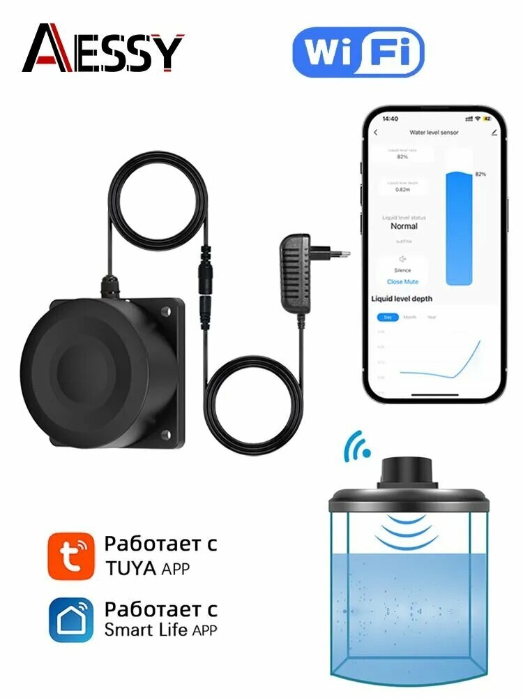 Tuya WiFi Умный ультразвуковой датчик уровня жидкости с дистанционным мониторингом в реальном времени, устройство сигнализации об обнаружении глубины резервуара для хранения воды и масла