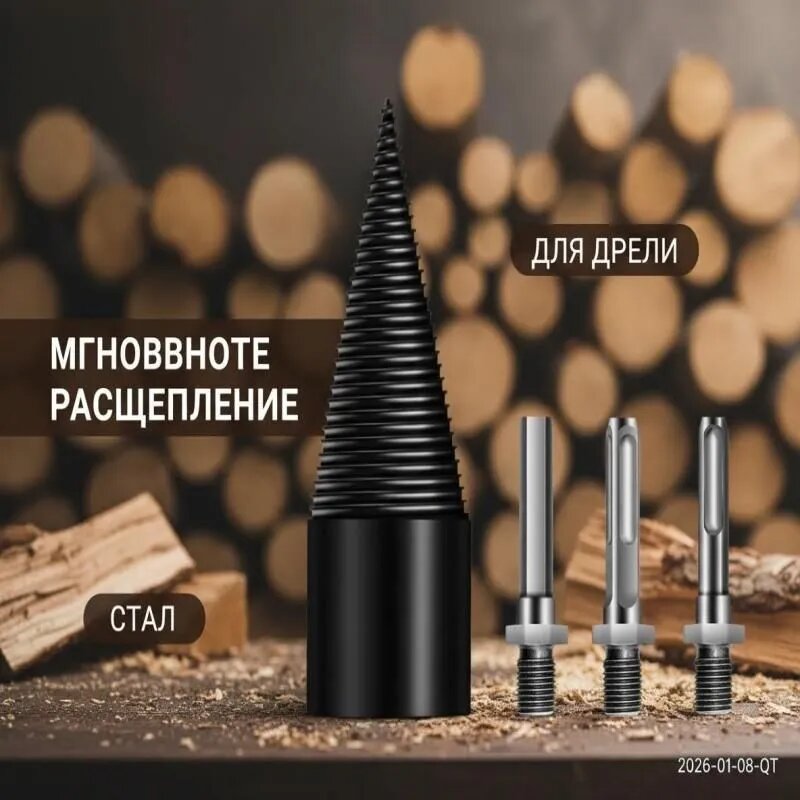 Дровокол конусный для дрели и перфоратора, насадка для колки дров