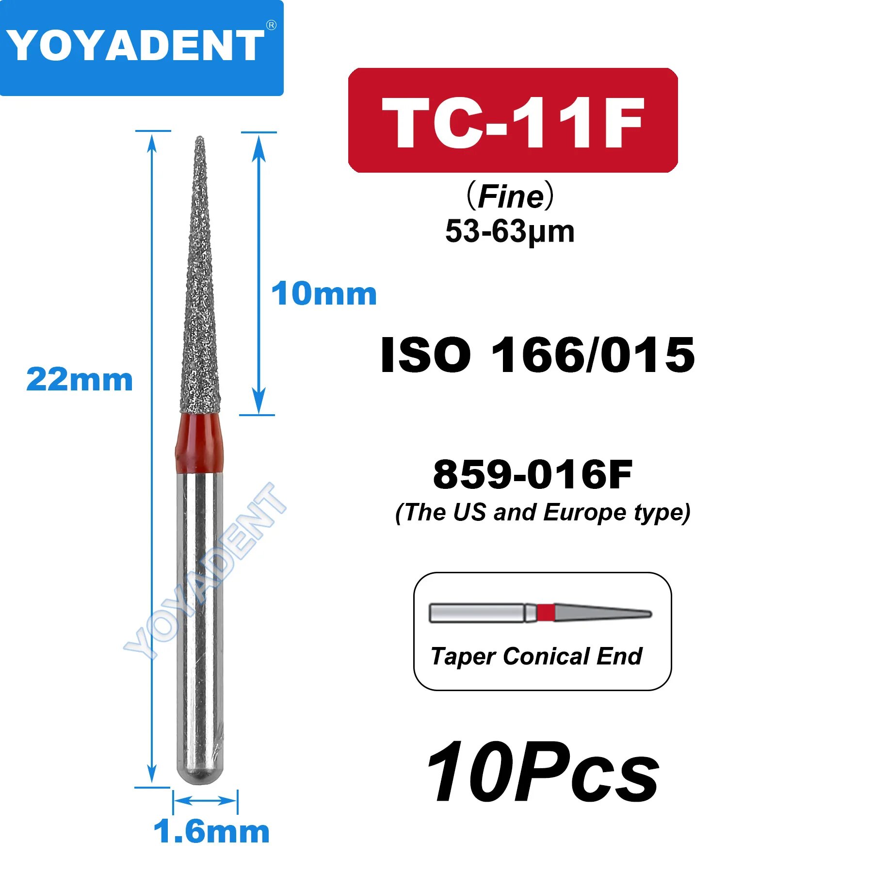 YOYADENT TC-11F алмазные боры 1.6 мм, 10 шт