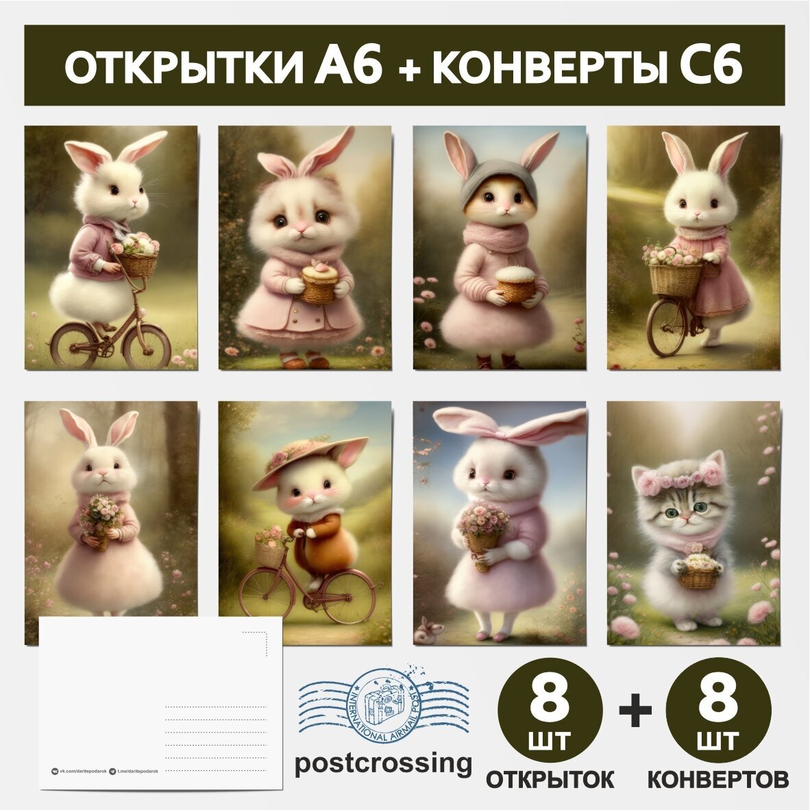 Набор почтовых открыток для посткроссинга: открытки А6 - 8 шт, крафт-конверт С6 - 8 шт, postcrossing / Набор - №22 / postcard_8_postcrossing_A6_set_22