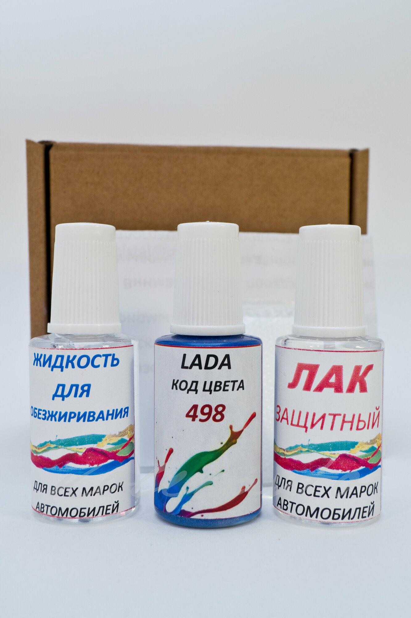 Подкраска для сколов во флаконе с кисточкой 498 для LADA Азурит, Синий, краска+лак+обезжириватель 3 предмета
