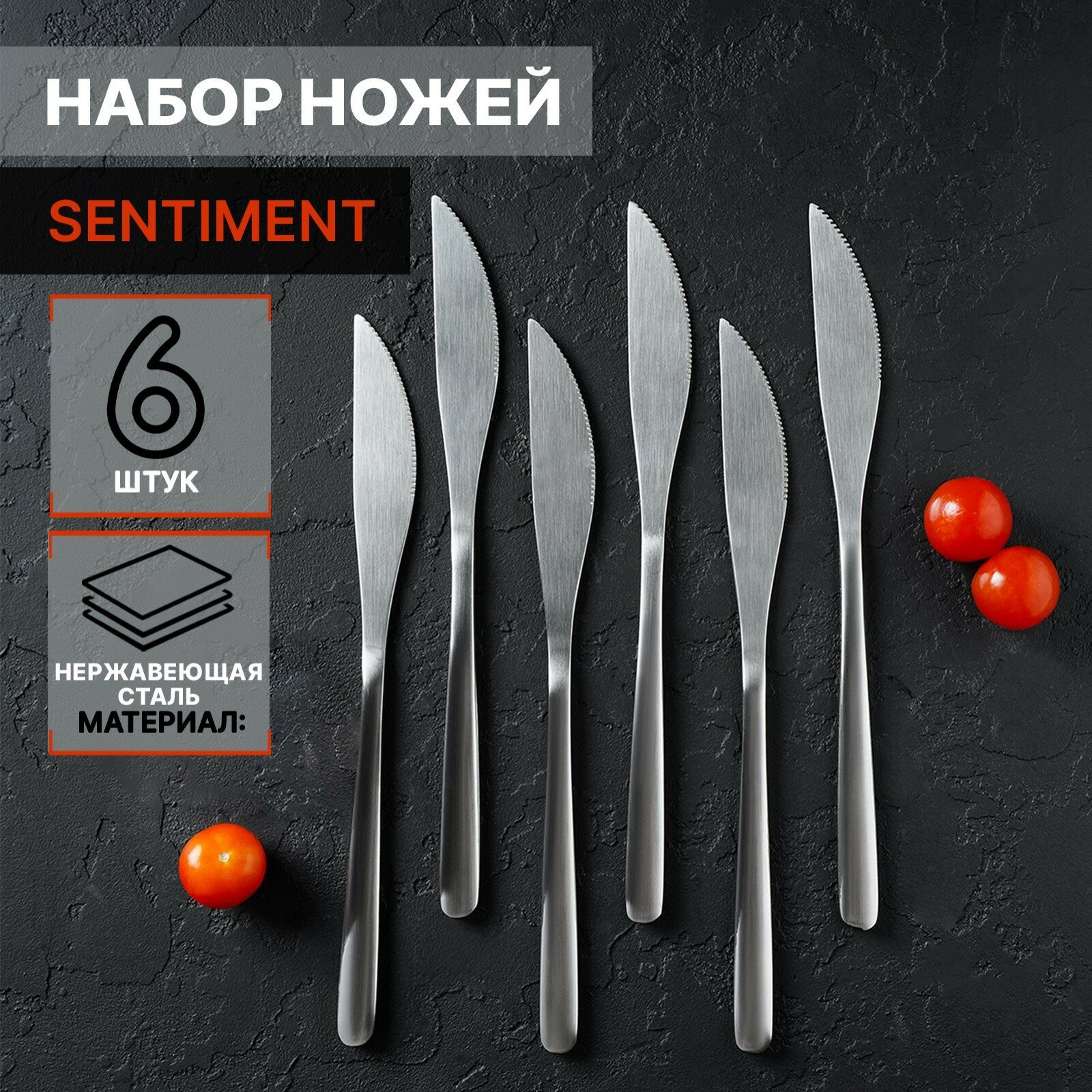 Набор ножей столовых из нержавеющей стали Доляна Sentiment, h=23 см, 6 шт, цвет серебряный, 7354150