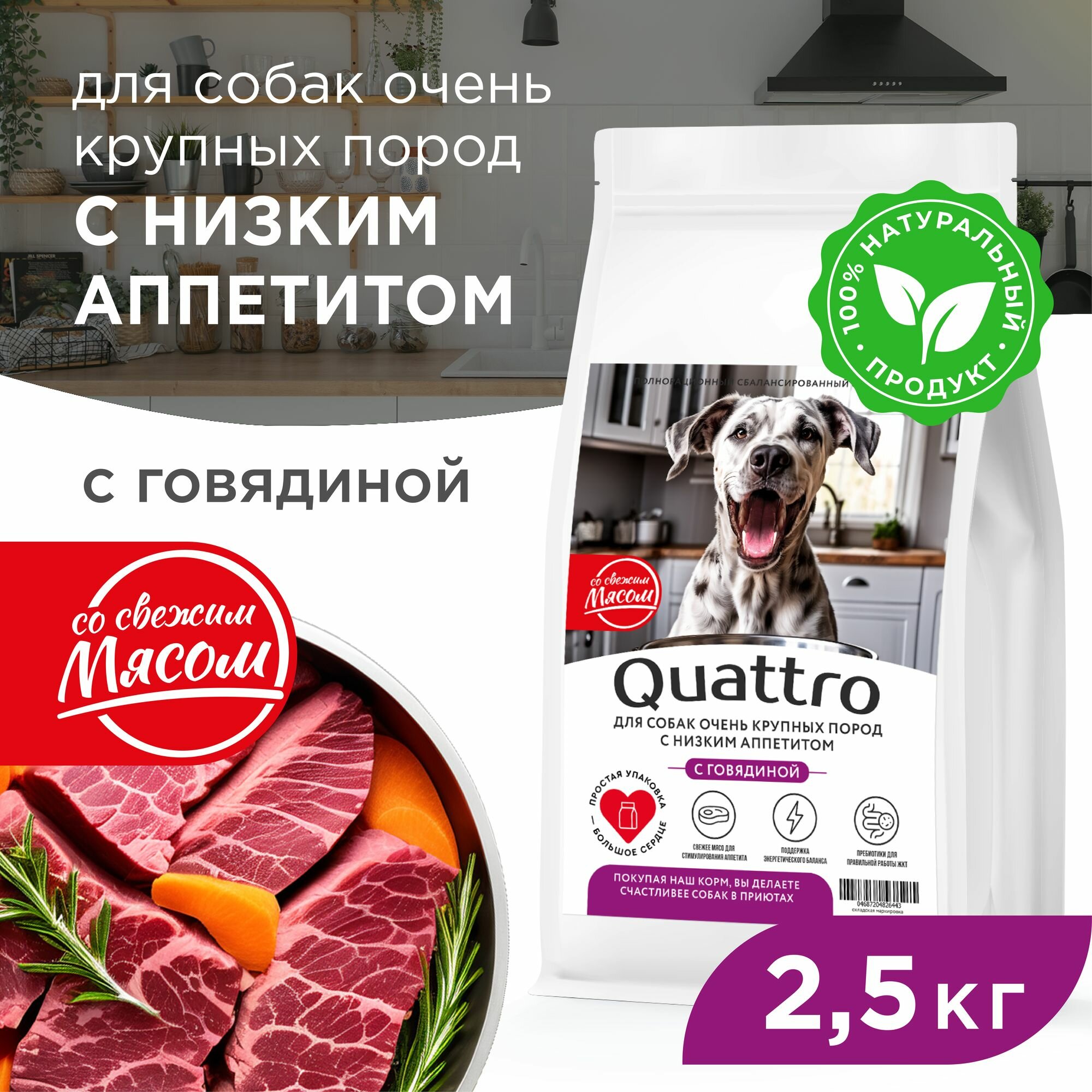 Корм сухой для взрослых собак очень крупных пород, премиум полнорационный комплекс, для собак с низким аппетитом, с говядиной, 2,5 кг, QUATTRO