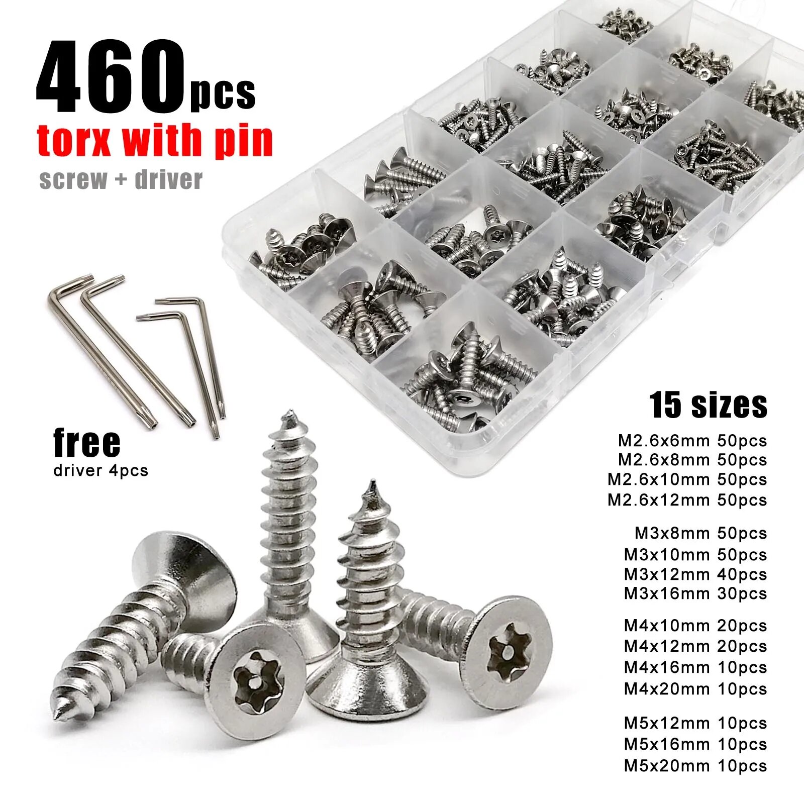 460X M2.6 M3 M4 M5 304 плоская потайная головка из нержавеющей стали Torx со штифтом, защита от вскрытия, набор самонарезающих винтов по дереву