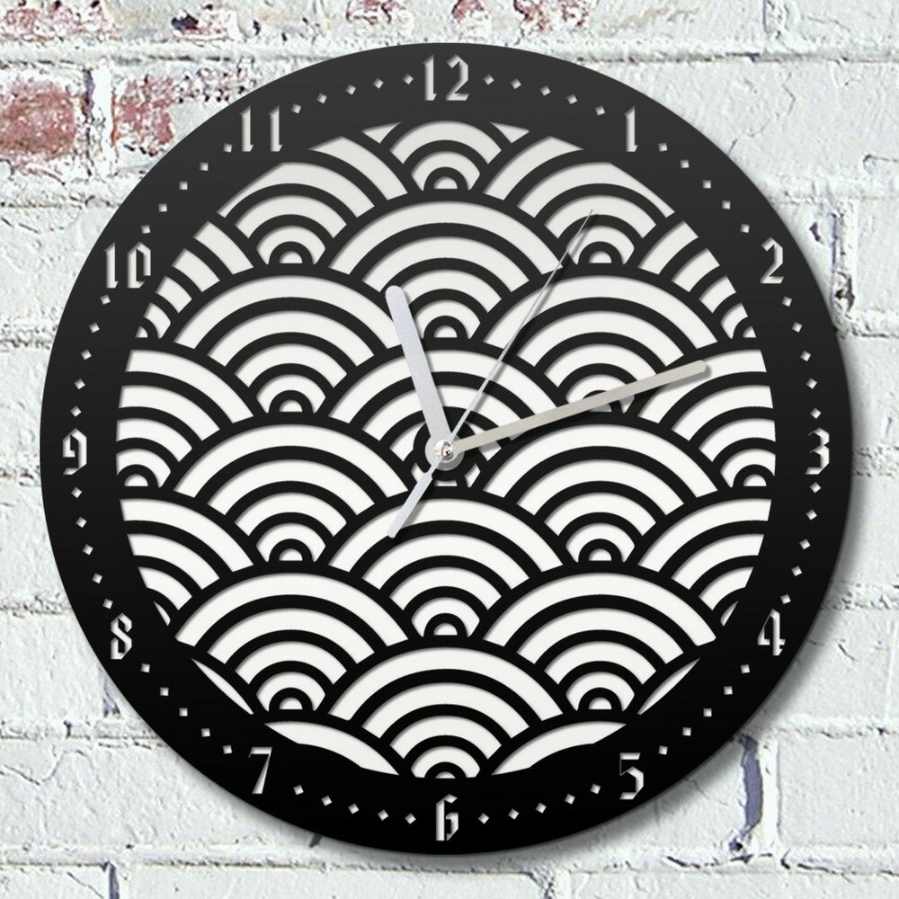 Настенные деревянные бесшумные часы эстетика Волны (Азия, узор, паттерн, Япония) - 5149