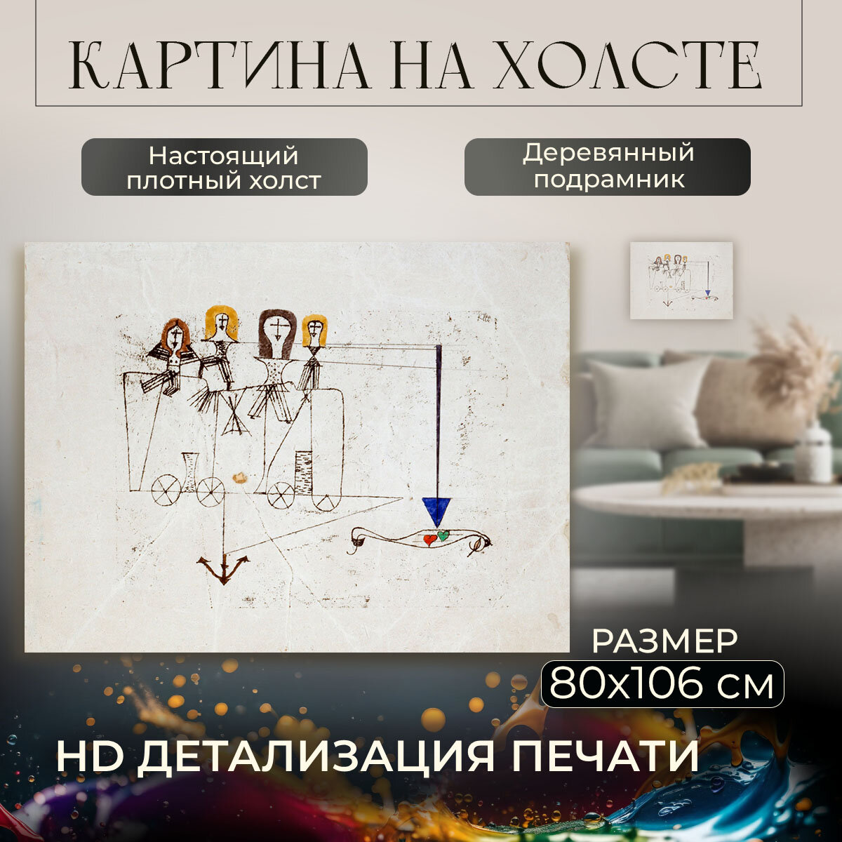 Картина на холсте, репродукция / Paul Klee - The Virtue Wagon / Пауль Клее / Размер 80 x 106 см