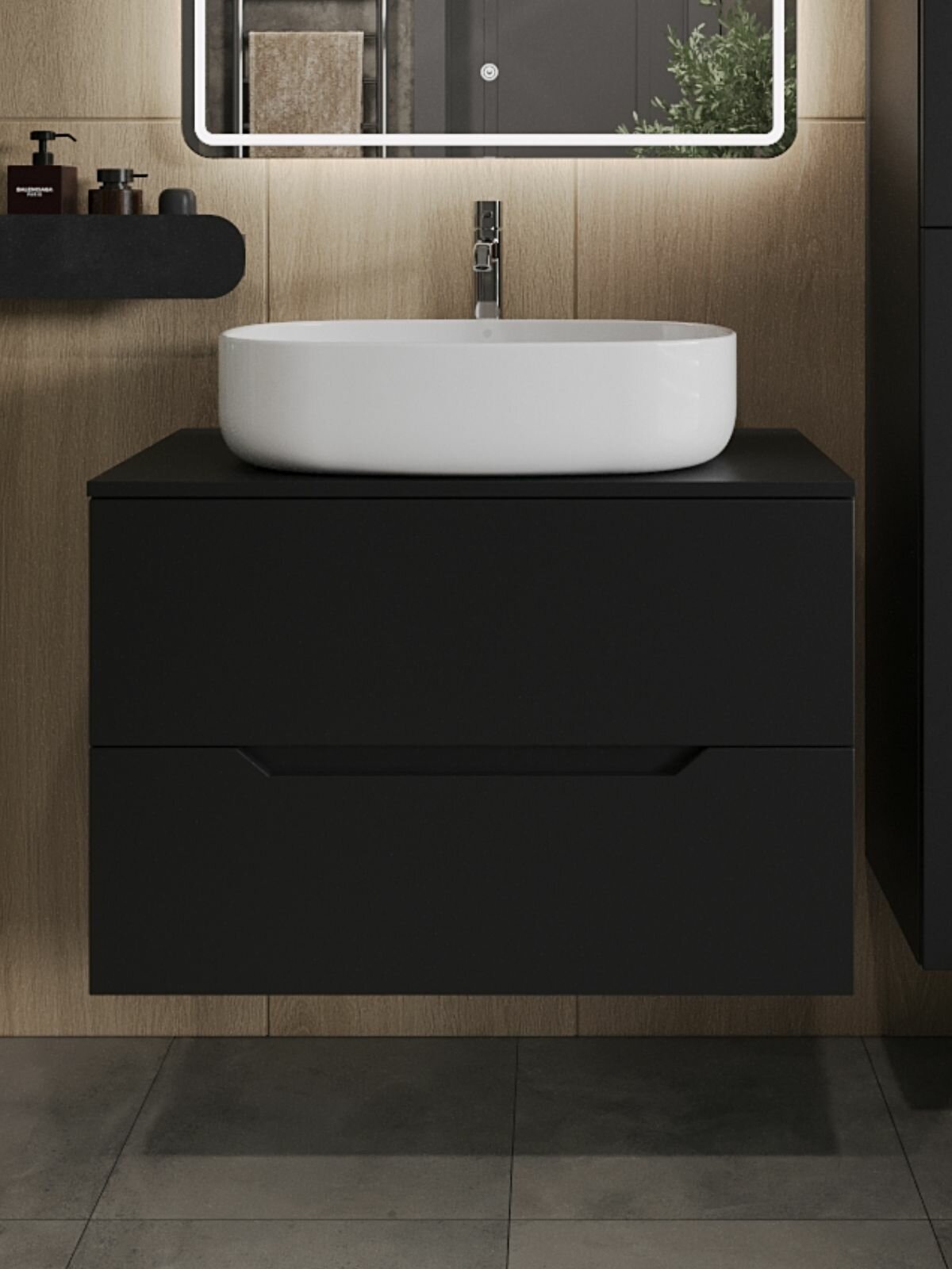 Тумба с раковиной подвесная 80 см Orange Лайн Li-80TubMDF+B04-600W, черный/белый