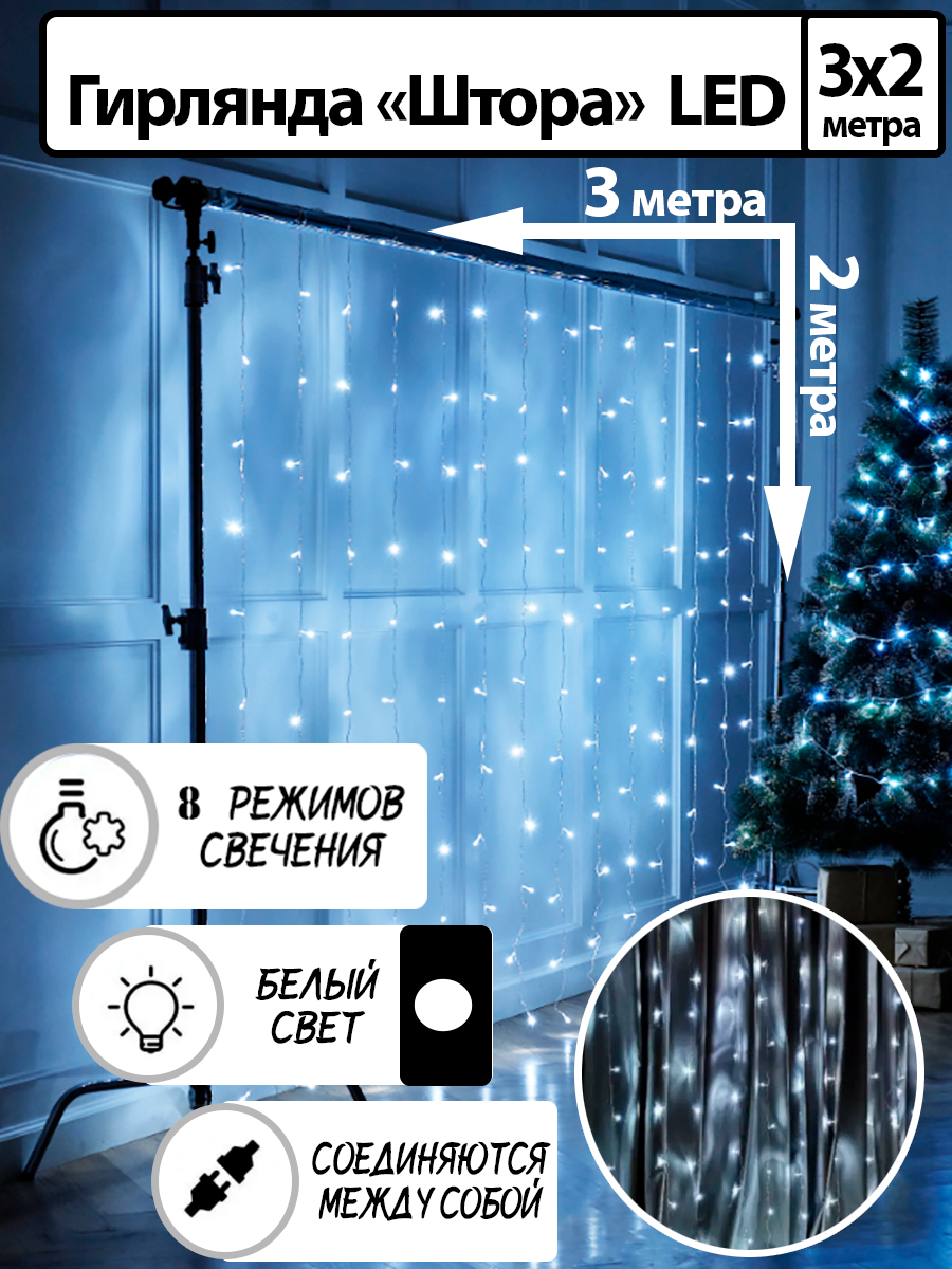 Гирлянда электрическая интерьерная 3х2 метра Новый Год 2023 /320 LED/Светодиодная штора- занавес/Световой дождь/Тюль /Свет белый/Серия: Лапландия