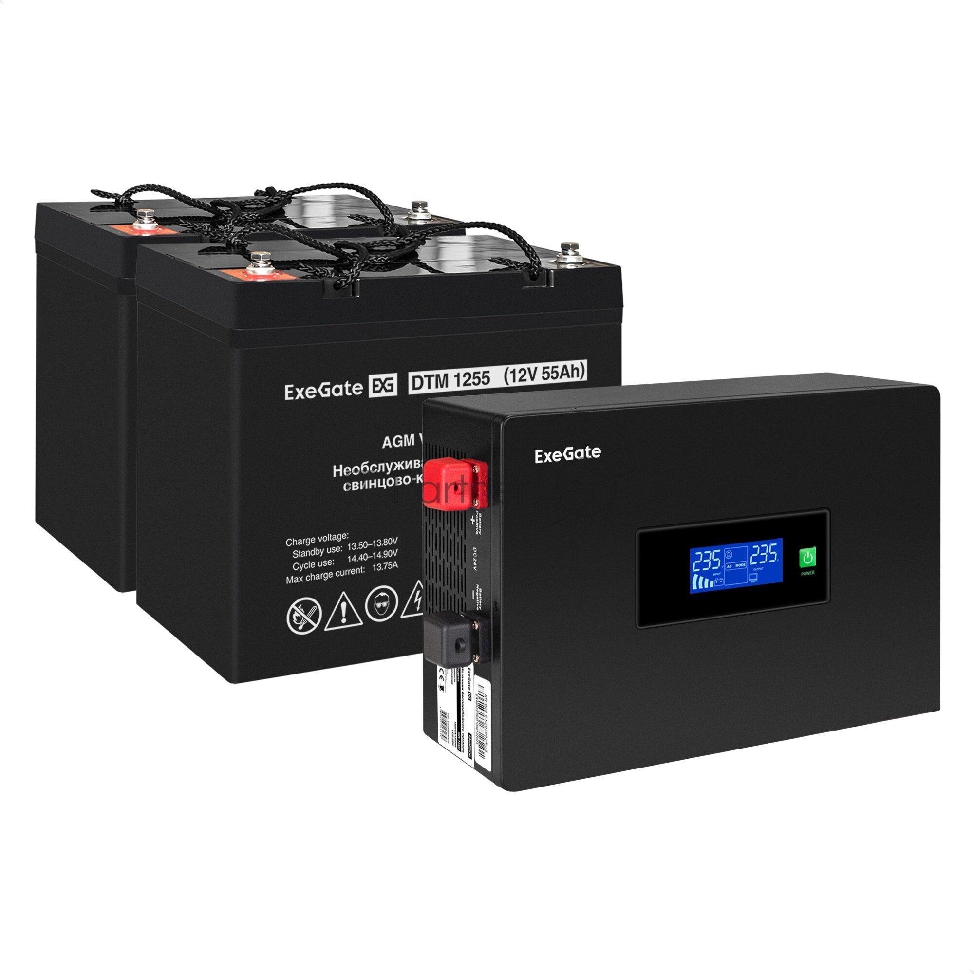 Комплект ИБП EX295994RUS + батарея 55Aч EX285667RUS 2шт (инвертор, синус, для котла, PF=1, настенный) ExeGate IdealSine SR-1500. LCD.2SH + батарея ExeGate DTM 1255