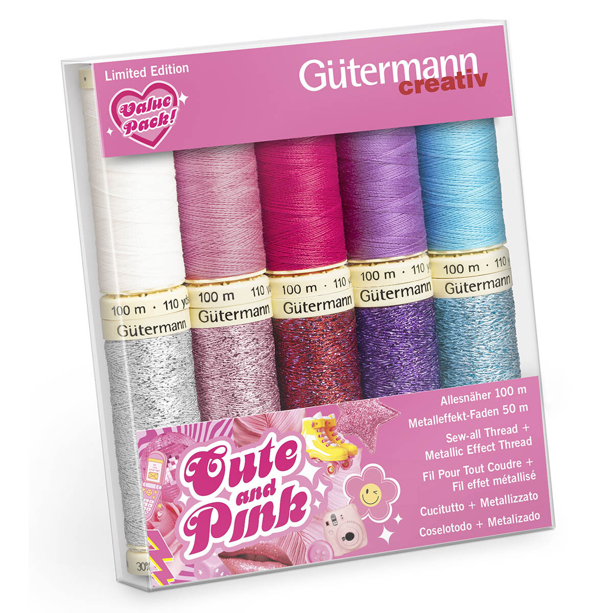 Нитки швейные набор Gutermann Creativ (Sew-All №100, 5 шт по 100 м + Металлик W331 №90, 5 шт по 50 м)