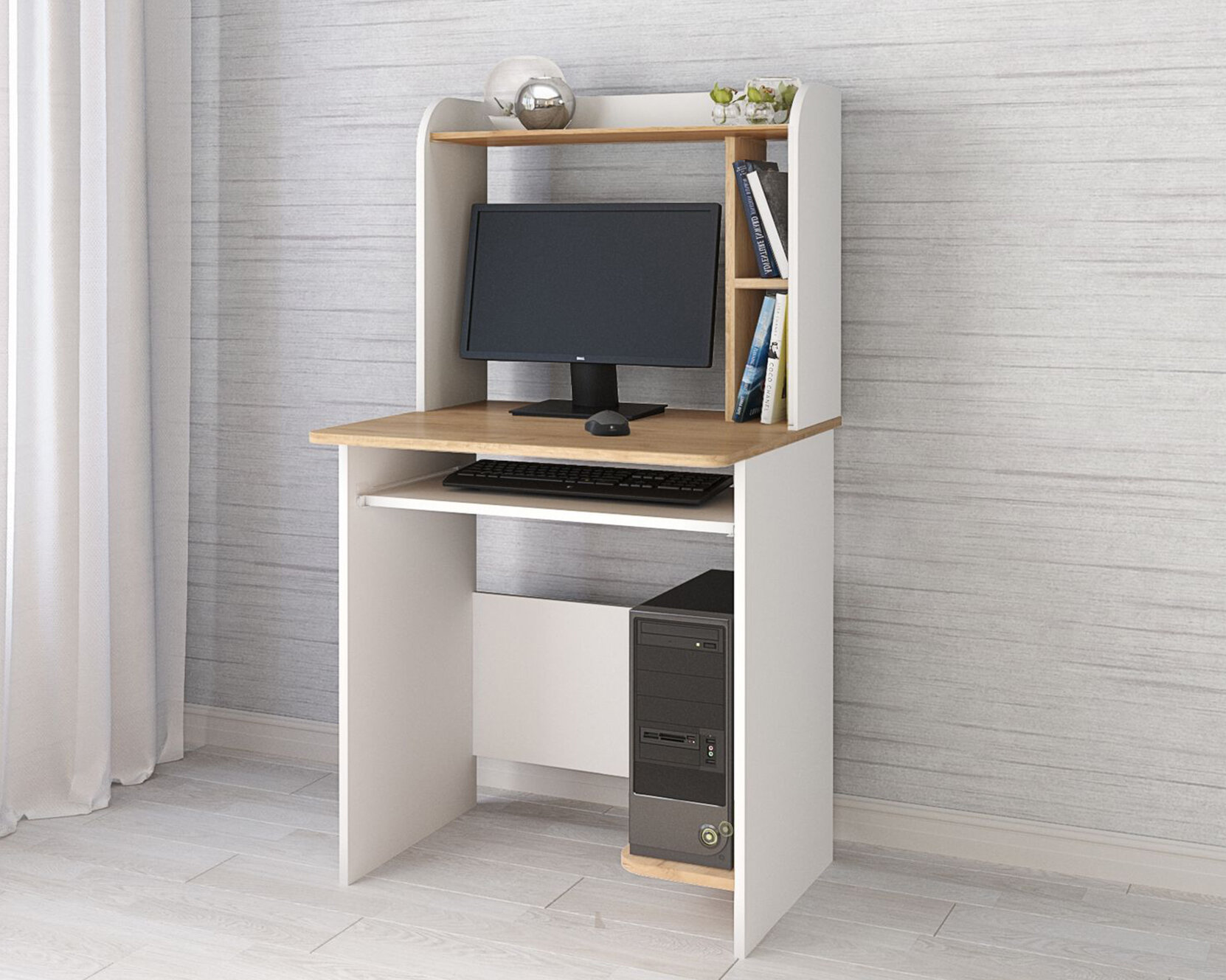 Компьютерный стол Грета-1 с надстрокой цвет Белый/Дуб крафт золото Тэкс