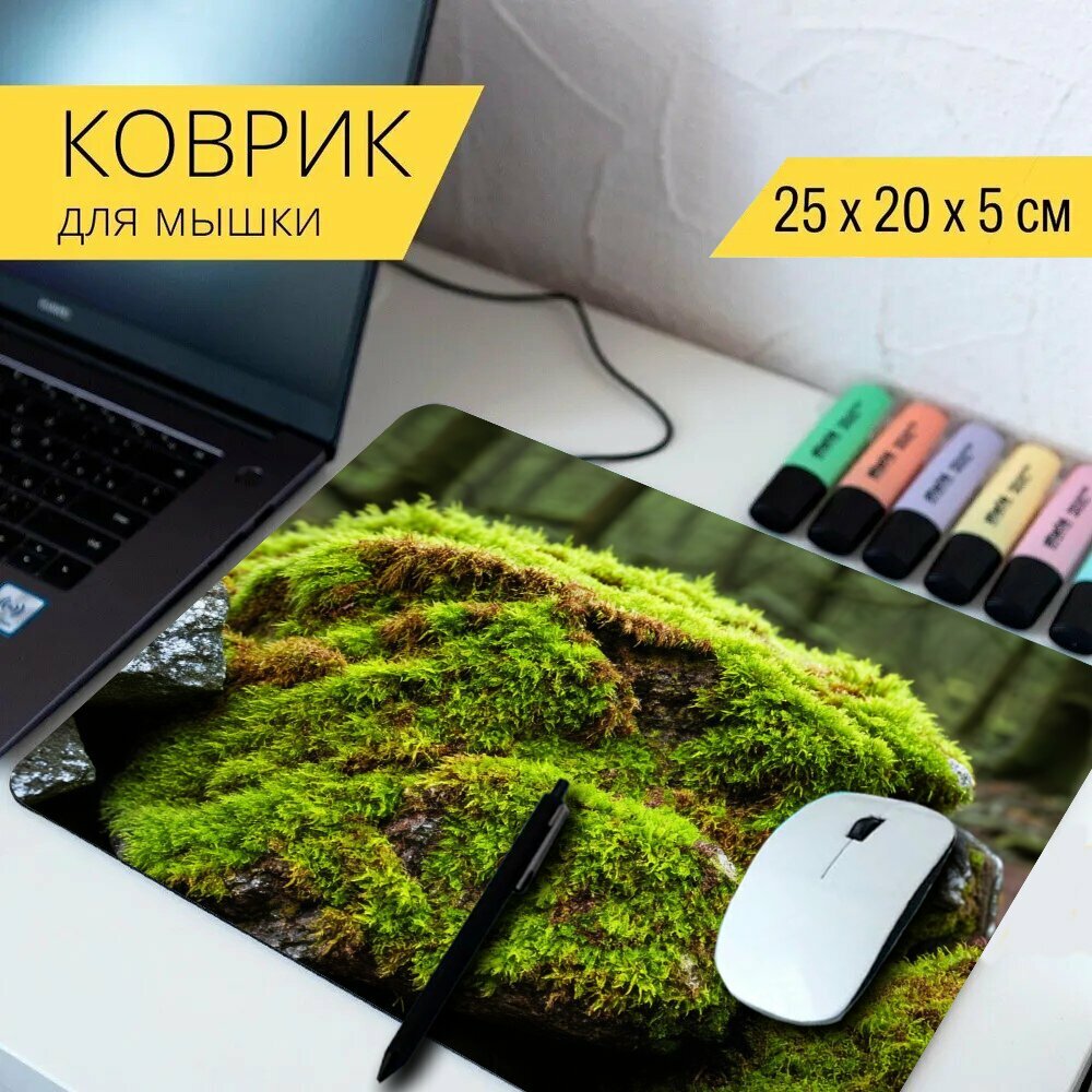 Коврик для мыши с принтом "Текстура мха на камнях в лесу" 25x20см.