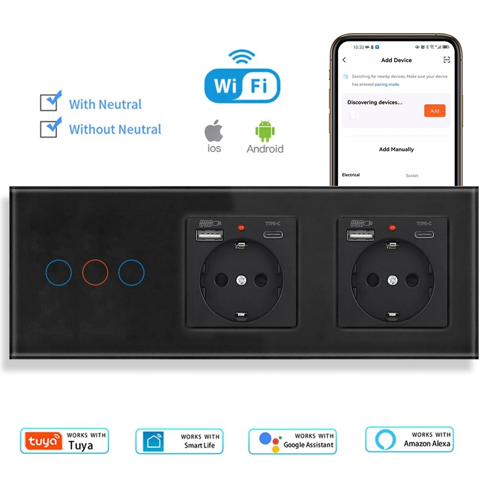 SRAN Smart Touch Switch 16A черный 224 3gang 2EU AC