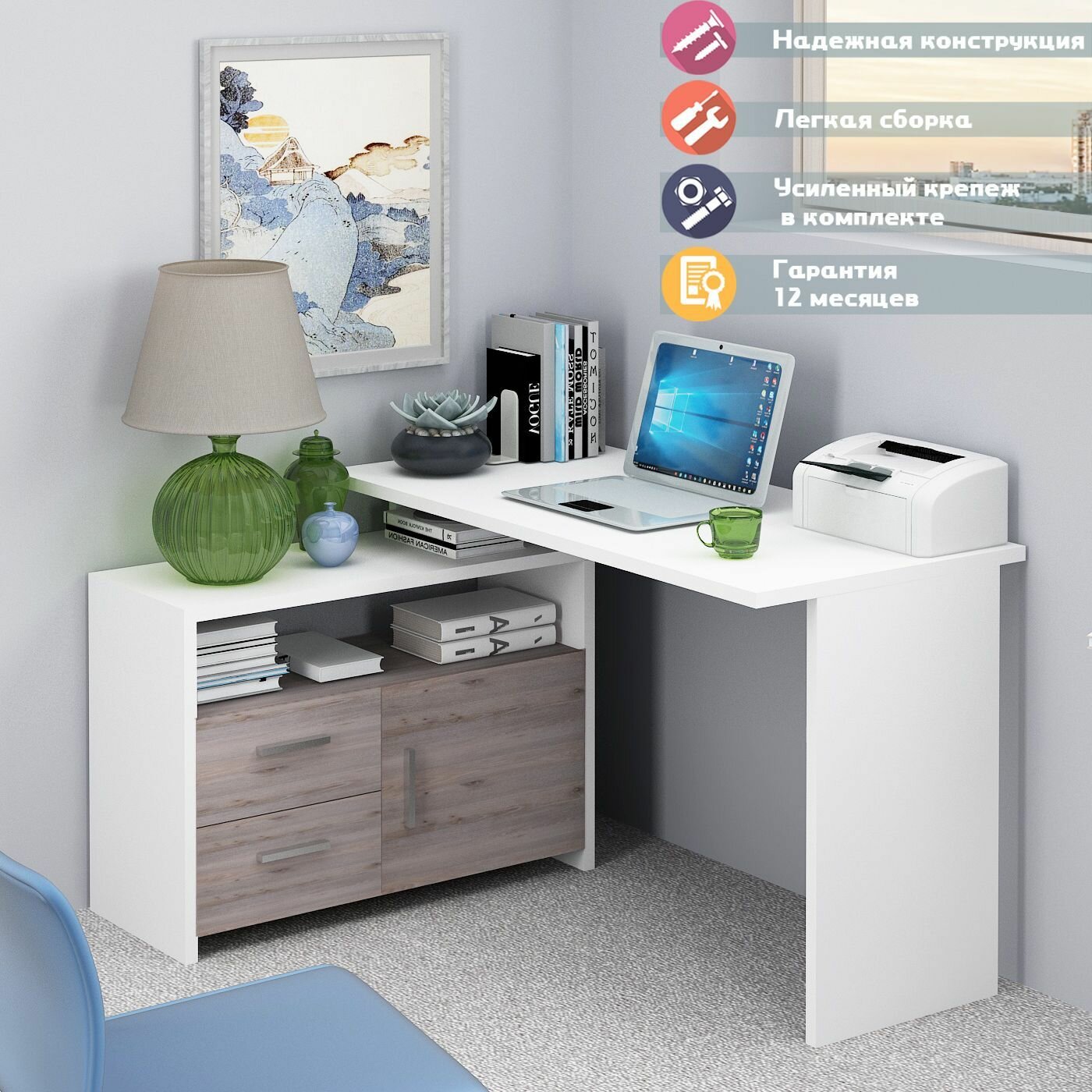 Стол СКЛ-Прям130+ТБЛ БЕН Белый/Нельсон