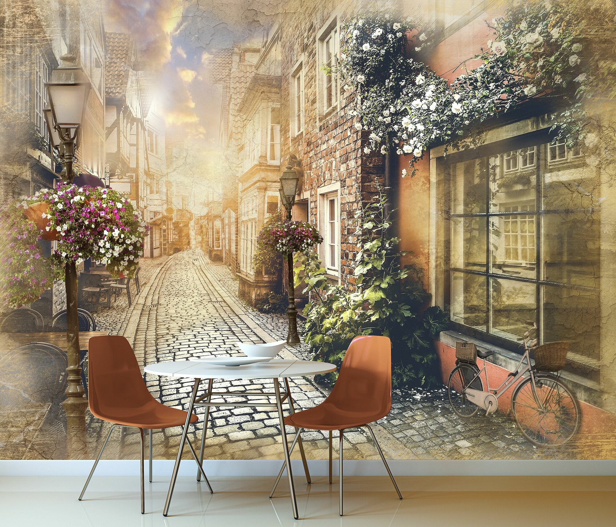 Фотообои флизелиновые 150х100см. на стену. Серия FRESCO ARTDELUXE. Старая Итальянская улочка в стиле фреска. Обои дизайнерские, эксклюзивные.