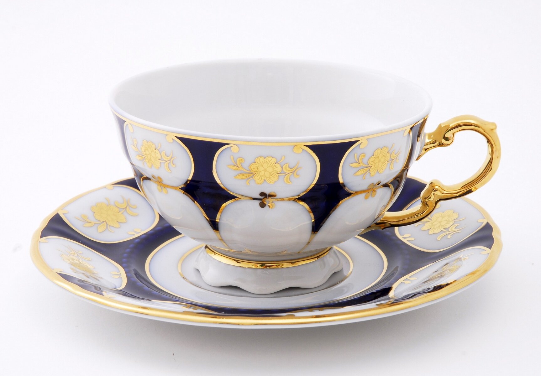 Набор чайных пар 200 мл на 6 персон 12 предметов, Золотой цветок, кобальт Соната 07160425-0443, Leander