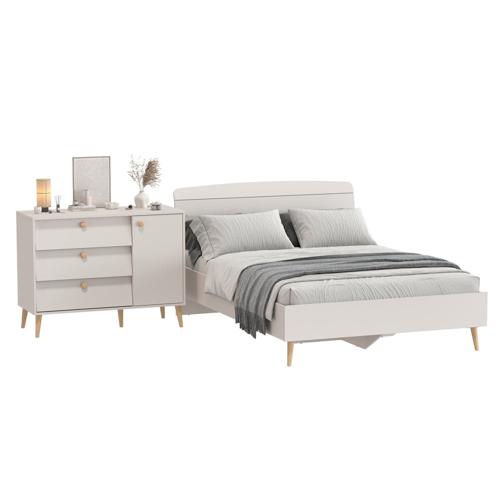 Комод на ножках Афина и кровать двуспальная, цвет кашемир серый, 2 предмета